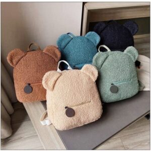 AONUOWE Mini Kawaii Bear Ear Backpack Teens Kids Faux Fur Schoolbag Teenager Student Aesthetic Furry Sherpa Fleece Daypack (Khaki)