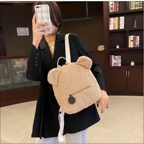 AONUOWE Mini Kawaii Bear Ear Backpack Teens Kids Faux Fur Schoolbag Teenager Student Aesthetic Furry Sherpa Fleece Daypack (Khaki)