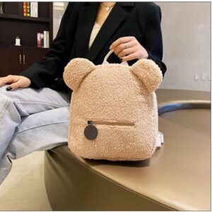 AONUOWE Mini Kawaii Bear Ear Backpack Teens Kids Faux Fur Schoolbag Teenager Student Aesthetic Furry Sherpa Fleece Daypack (Khaki)