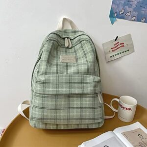 AONUOWE Light Academia Aesthetic Backpack Plaid Preppy Backpack Teen Girls Back to School Supplies Checkered Bookbags (Sage Green)