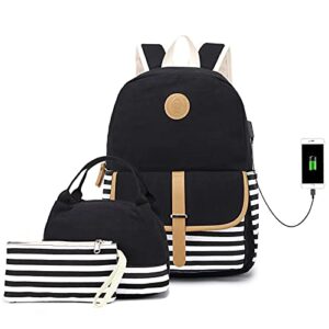 pawsky school backpack for teen girls/women, cute college bookbag set canvas stripe backpack with lunch bag pencil bag, black