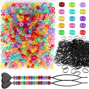 1602pcs beads for hair braids kit including 600pcs 9x6mm glitter pony beads, 1000pcs elastic rubber bands, and 2pcs quick beaders for kids hair braids (glitter)