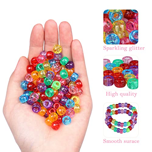 1602pcs Beads for Hair Braids Kit Including 600pcs 9x6mm Glitter Pony Beads, 1000pcs Elastic Rubber Bands, and 2pcs Quick Beaders for Kids Hair Braids (Glitter)