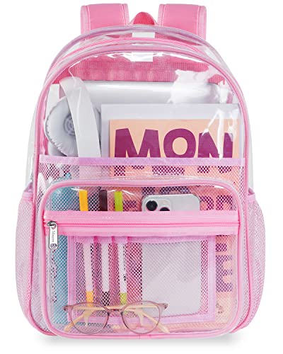 Mancro Clear Backpack for Girls, TPU Transparent Bookbag Heavy Duty See Through School Bag with 14 Inches Laptop Compartment, See Through School Backpack, Pink