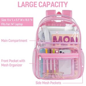 Mancro Clear Backpack for Girls, TPU Transparent Bookbag Heavy Duty See Through School Bag with 14 Inches Laptop Compartment, See Through School Backpack, Pink