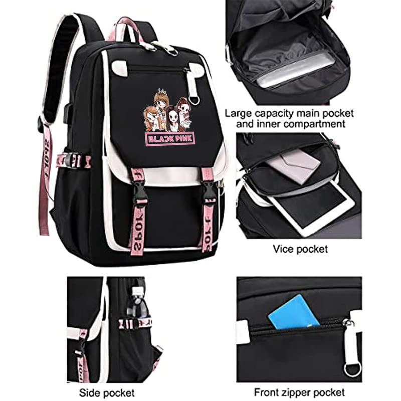 BEBBEE Unisex Bangtan boys Lisa Rose JISOO Jennie Kawaii Laptop Backpack Middle School Students Bookbag Outdoor Daypack for Girls Boys School (F)