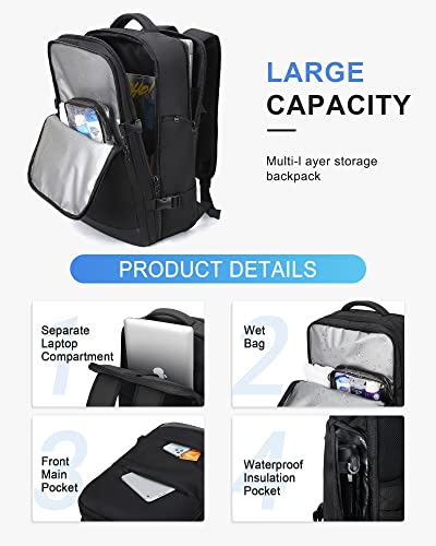 VECAVE Large Carry On Backpack for Women Men,Travel Backpack, Airline Approved Backpack Fit 17 Inch Laptop with USB Charging Port (Black)