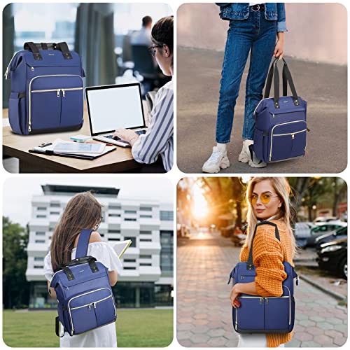 MOMUVO Laptop Backpack for Women, 17 Inch Teacher Backpack Nurse Bags Wide Top Open Large Womens Work Backpack Purse Fashion Water Resistant College School Travel Bookbag with USB Port, Navy Blue