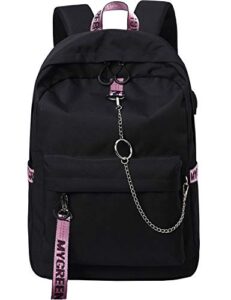 el-fmly fashion backpack with usb charging port for travel lightweight school bookbags with cute letters strap for teenage girls & children (black+pink)