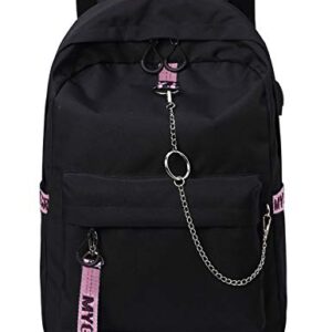 El-fmly Fashion Backpack with USB Charging Port for Travel Lightweight School Bookbags with Cute Letters Strap for Teenage Girls & Children (Black+Pink)