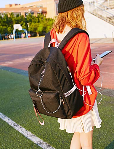 El-fmly Fashion Backpack with USB Charging Port for Travel Lightweight School Bookbags with Cute Letters Strap for Teenage Girls & Children (Black+Pink)