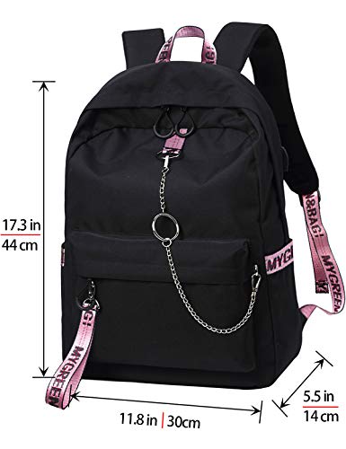 El-fmly Fashion Backpack with USB Charging Port for Travel Lightweight School Bookbags with Cute Letters Strap for Teenage Girls & Children (Black+Pink)