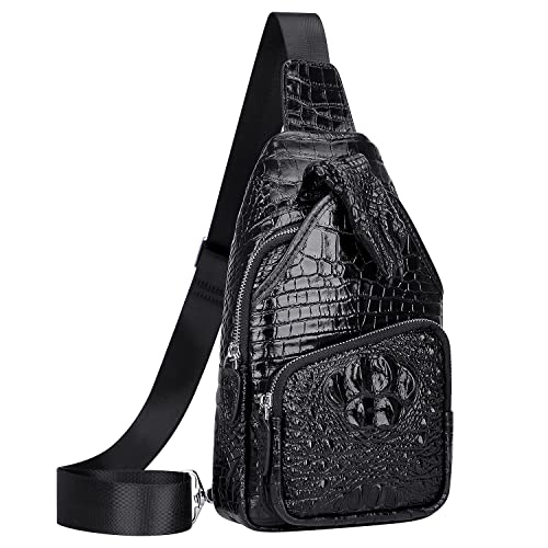 PIJUSHI Crocodile Leather Sling Bag for Men Crossbody Chest Daypack Bag(PE004 Black)