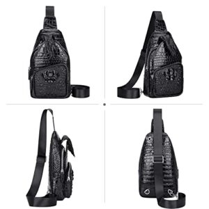 PIJUSHI Crocodile Leather Sling Bag for Men Crossbody Chest Daypack Bag(PE004 Black)