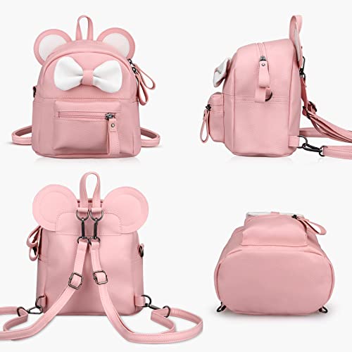 Dksyee Pink Small Cute Backpacks for Girls Bowknot Leather Cartoon Mouse Ears Mini Travel Backpack Convertible Shoulder Daypack…