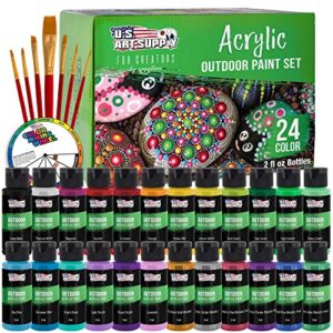 u.s. art supply professional 24 color set of outdoor acrylic paint in 2 ounce bottles, plus a 7-piece brush kit – vivid colors for artists, students – use on canvas, rocks, kids’ wood crafts, and toys