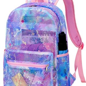 CAMTOP Mesh Backpack for Kids Girls Semi-Transparent See Through Sturdy School Bookbag Casual Daypack for Beach Swim Work Gym (Tie Dye Purple)