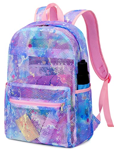 CAMTOP Mesh Backpack for Kids Girls Semi-Transparent See Through Sturdy School Bookbag Casual Daypack for Beach Swim Work Gym (Tie Dye Purple)