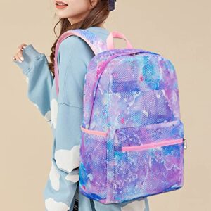 CAMTOP Mesh Backpack for Kids Girls Semi-Transparent See Through Sturdy School Bookbag Casual Daypack for Beach Swim Work Gym (Tie Dye Purple)