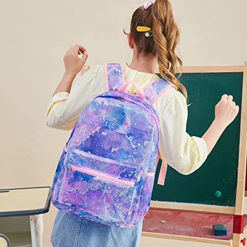 CAMTOP Mesh Backpack for Kids Girls Semi-Transparent See Through Sturdy School Bookbag Casual Daypack for Beach Swim Work Gym (Tie Dye Purple)