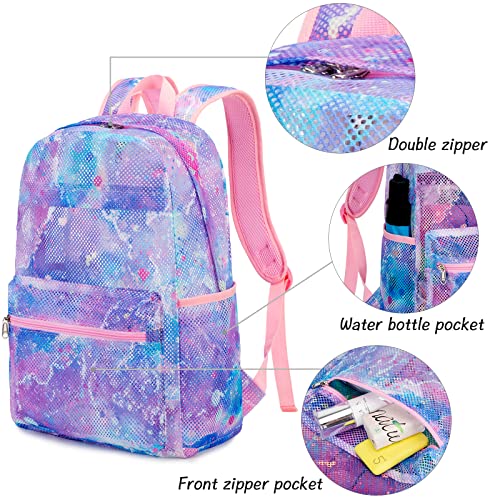 CAMTOP Mesh Backpack for Kids Girls Semi-Transparent See Through Sturdy School Bookbag Casual Daypack for Beach Swim Work Gym (Tie Dye Purple)