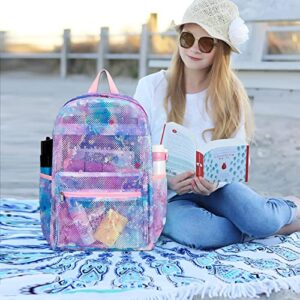 CAMTOP Mesh Backpack for Kids Girls Semi-Transparent See Through Sturdy School Bookbag Casual Daypack for Beach Swim Work Gym (Tie Dye Purple)