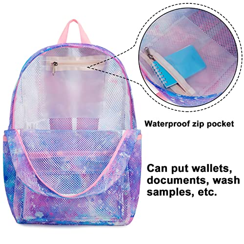 CAMTOP Mesh Backpack for Kids Girls Semi-Transparent See Through Sturdy School Bookbag Casual Daypack for Beach Swim Work Gym (Tie Dye Purple)