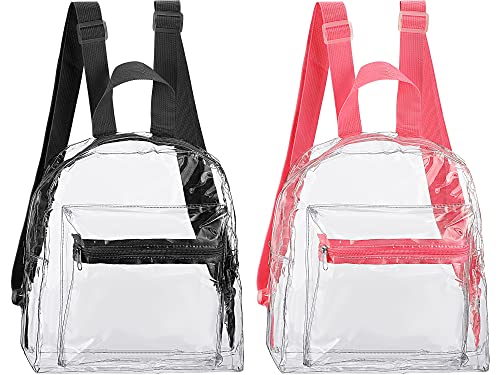 Zhehao 2 Pcs Clear Mini Backpacks Plastic Transparent Backpacks PVC Backpack for Kids, School, Concert, Beach, Stadium, Travel (Black, Pink)