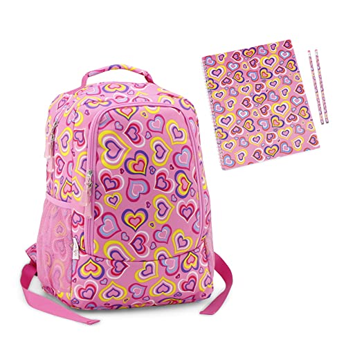 16 Inch Girl Girls School Travel Back Pack Bookbag Gift Set (Mom's Choice Award Winner!) | Features Padded Back and Adjustable Straps | Includes Spiral Notebook and 2 Pencils! (Playful Hearts)