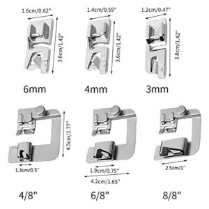 6 Pcs Rolled Hem Presser Foot, Hemming Foot Kit for Sewing Rolled Hemmer Presser Foot for Singer, Brother, Janome, Home Multifunctional Sewing Machine