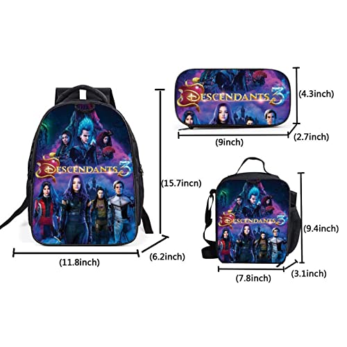 De.scen.dants 3 Backpacks Bookbag With Lunch Bag Pencil Case Teens Travel Daypack Sets Boy Girls, Black