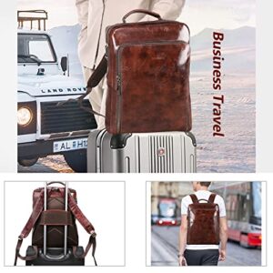 Banuce Vintage Full Grain Italian Leather Backpack for Men Travel Laptop Backpack Work Bag with Luggage Strap Brown