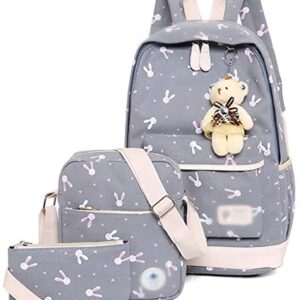 3Pcs Rabbit-Print Girls School Backpack for Elementary Middle Kids Bookbag with Pencil Case