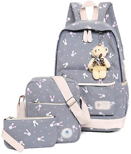 3Pcs Rabbit-Print Girls School Backpack for Elementary Middle Kids Bookbag with Pencil Case