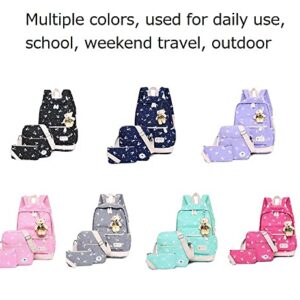 3Pcs Rabbit-Print Girls School Backpack for Elementary Middle Kids Bookbag with Pencil Case