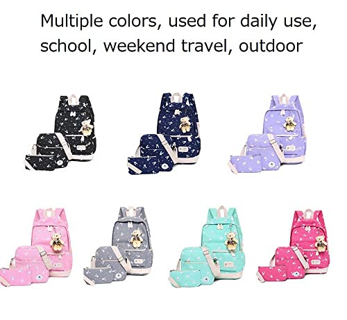 3Pcs Rabbit-Print Girls School Backpack for Elementary Middle Kids Bookbag with Pencil Case