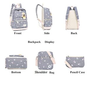 3Pcs Rabbit-Print Girls School Backpack for Elementary Middle Kids Bookbag with Pencil Case