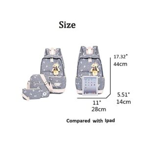 3Pcs Rabbit-Print Girls School Backpack for Elementary Middle Kids Bookbag with Pencil Case