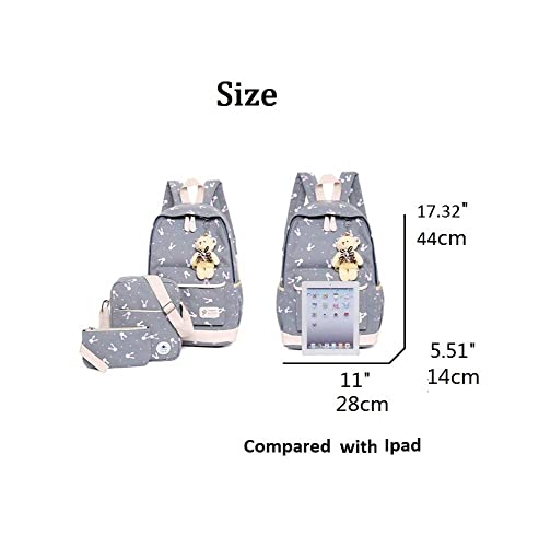 3Pcs Rabbit-Print Girls School Backpack for Elementary Middle Kids Bookbag with Pencil Case