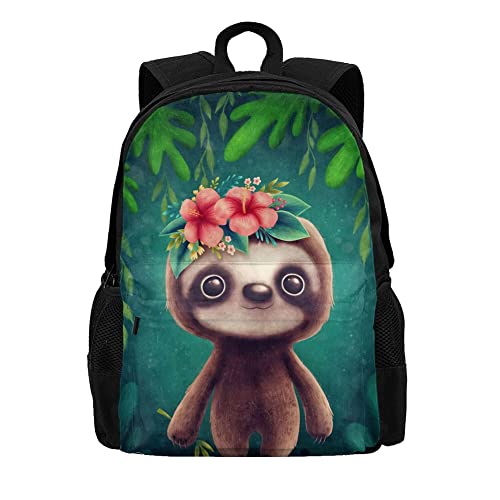 Cute Baby Sloth Tropical Flowers School Bag Travel Laptop Backpack Hiking Daypacks Large Capacity Shoulder Bag Briefcase Business Computer Backpack for Men Women Teens