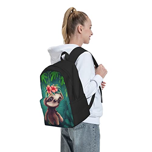 Cute Baby Sloth Tropical Flowers School Bag Travel Laptop Backpack Hiking Daypacks Large Capacity Shoulder Bag Briefcase Business Computer Backpack for Men Women Teens