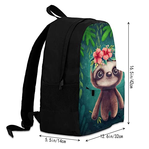 Cute Baby Sloth Tropical Flowers School Bag Travel Laptop Backpack Hiking Daypacks Large Capacity Shoulder Bag Briefcase Business Computer Backpack for Men Women Teens