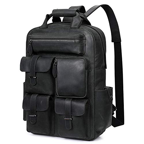 S-ZONE Men Genuine Leather Backpack Purse Vintage Casual Daypack Multi Pockets Travel Bag (Black)