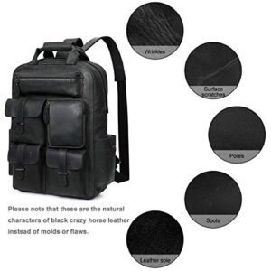 S-ZONE Men Genuine Leather Backpack Purse Vintage Casual Daypack Multi Pockets Travel Bag (Black)