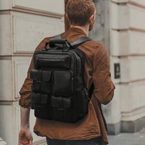 S-ZONE Men Genuine Leather Backpack Purse Vintage Casual Daypack Multi Pockets Travel Bag (Black)