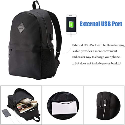 Laptop School Backpack for Teens Girls Boys Travel Waterproof Work Backpacks Notebook College BookBag with USB Charging Port 15.6 Inch Stylish Black Casual Daypack for Women Men, Medium