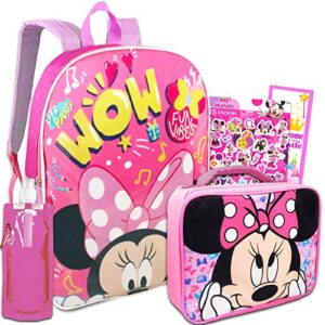 disney minnie mouse backpack with lunch box set – bundle with 15″ minnie backpack, minnie mouse lunch bag, stickers, water bottle, more | minnie mouse backpack for school