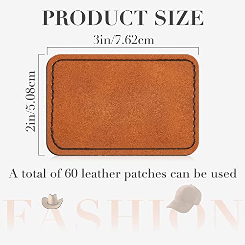 60 Pcs Blank Leatherette Hat Patches with Adhesive Rustic Leatherette Rectangle Patch Faux Leather Patches for Hats Custom Fabric Repair Sew Laser Supplies, 3 x 2 Inches (Khaki)