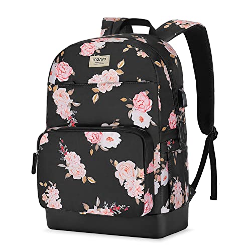 MOSISO 15.6-16 inch 20L Laptop Backpack for Women Girls, Polyester Anti-Theft Stylish Casual Daypack Bag with Luggage Strap & USB Charging Port, Peony Travel Business College School Bookbag, Black