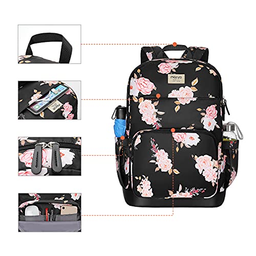 MOSISO 15.6-16 inch 20L Laptop Backpack for Women Girls, Polyester Anti-Theft Stylish Casual Daypack Bag with Luggage Strap & USB Charging Port, Peony Travel Business College School Bookbag, Black